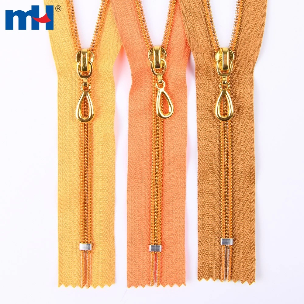 No.5 Nylon Zipper Gold Plated, C/E A/L Water Drop High Shinning Gold Pull