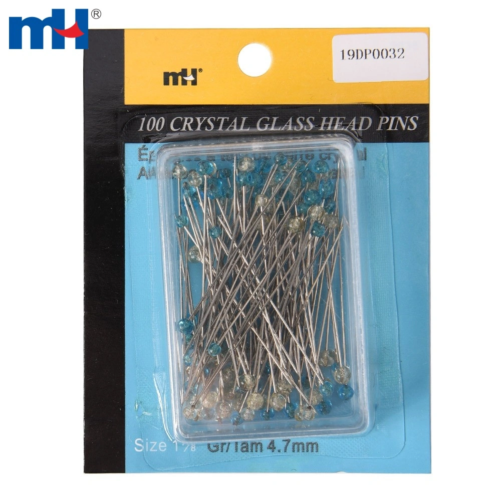 Crystal Glass Head Sewing Pins, Blue & Transparent, 100 pc