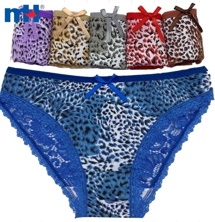 M/L/XL Women Cotton Leopard Print Briefs with Lace Trim