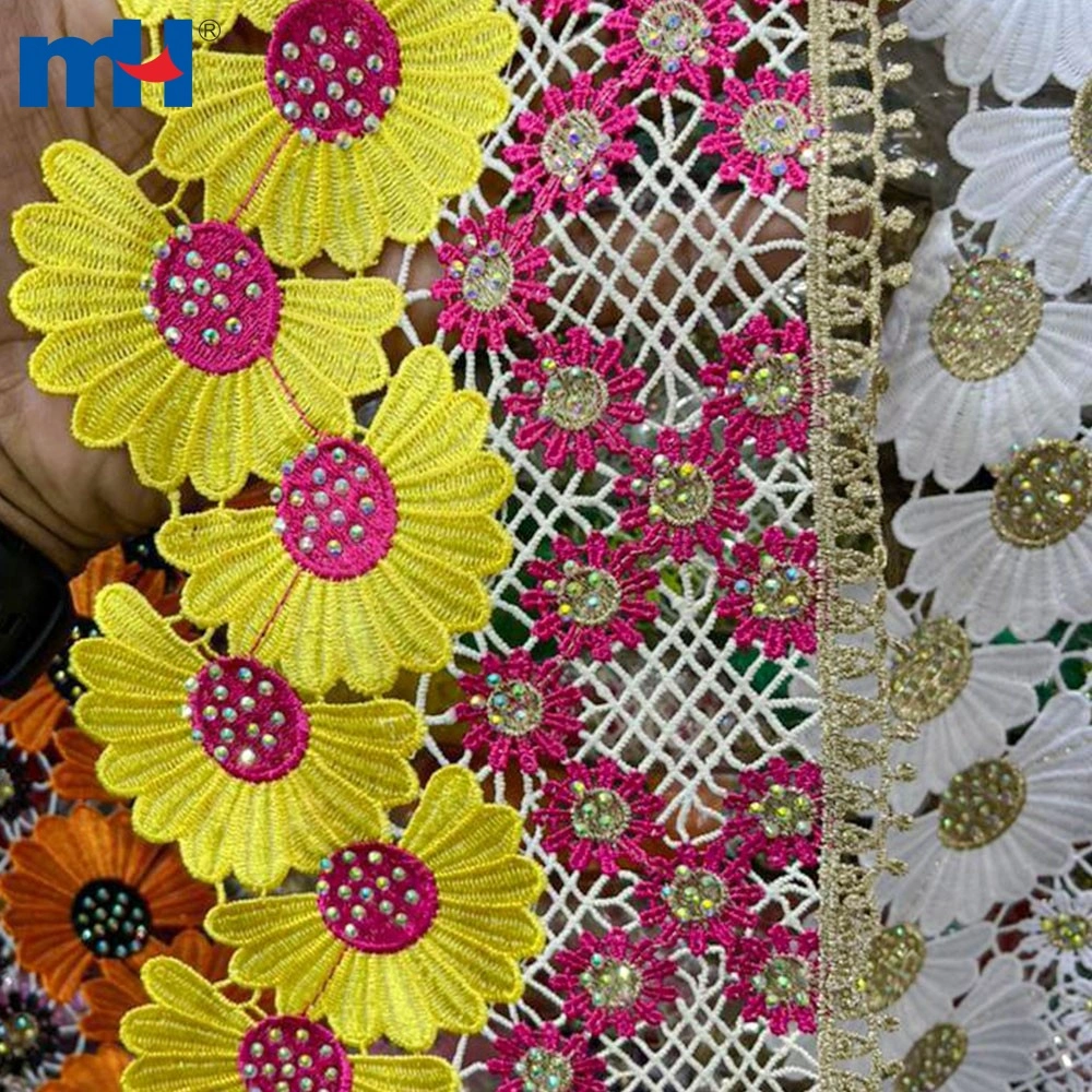 Latest Pattern Hot Fix Rhinestone Polyester Chemical Lace