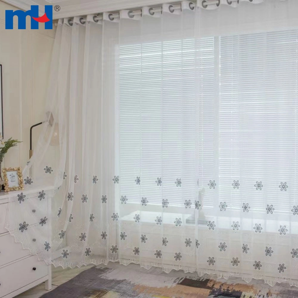White Embroidered Tulle Sheer Window Curtain Drapery Fabric