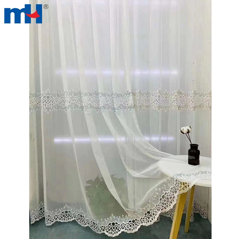White Embroidered Tulle Sheer Window Curtain Drapery Fabric