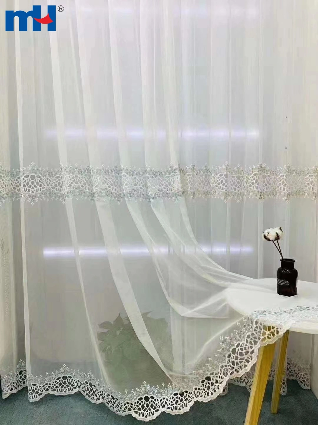 White Embroidered Tulle Sheer Window Curtain Drapery Fabric