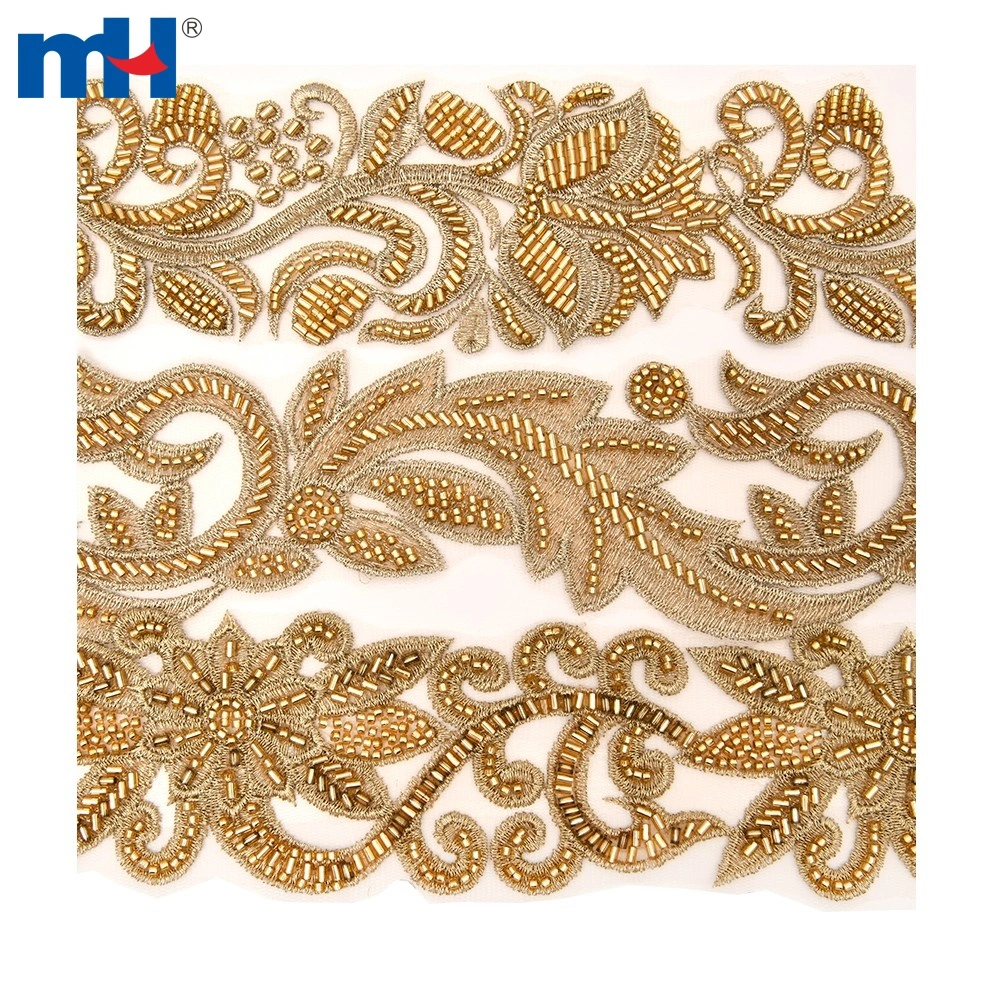 Glitter Gold Beaded Embroidery Lace Trim for Wedding/Bridal Dress