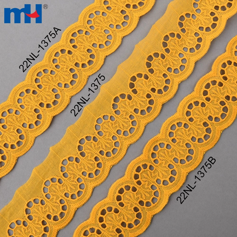 Embroidered Cotton Eyelet Lace Trim Ribbon - Yellow