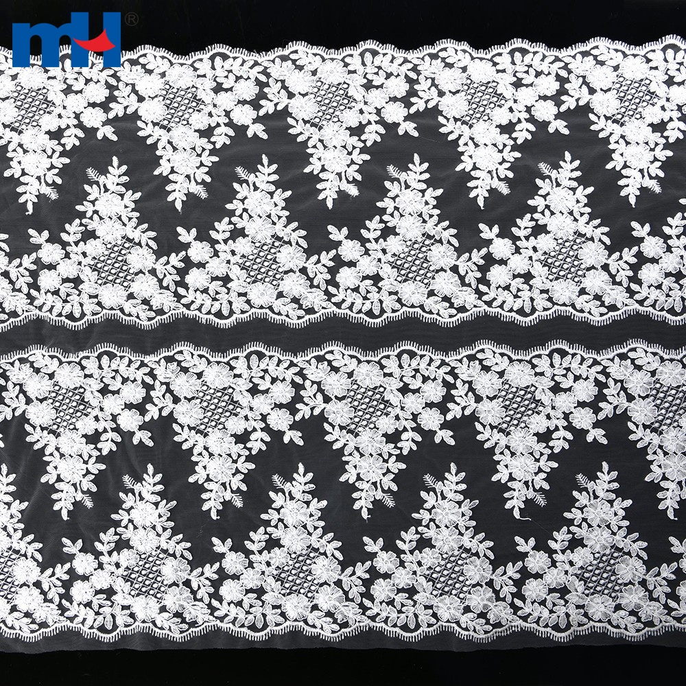 French Corded Flower Corded Bridal Lace Fabric with Scalloped Eyelash Edge