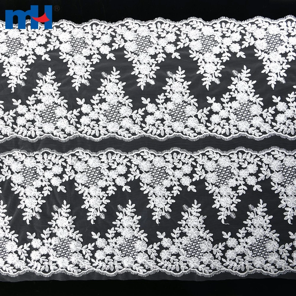 French Corded Flower Corded Bridal Lace Fabric with Scalloped Eyelash Edge