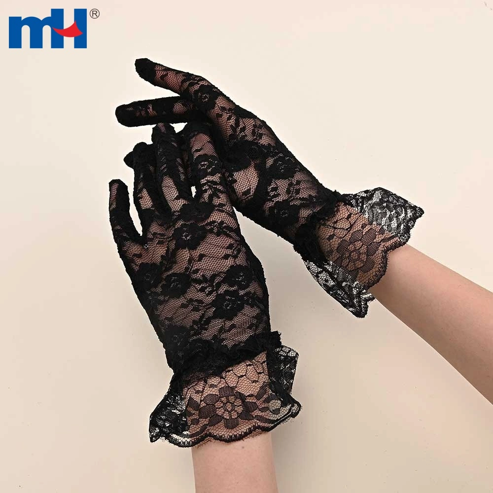 Black Elastic Bridal Floral Mesh Lace Gloves