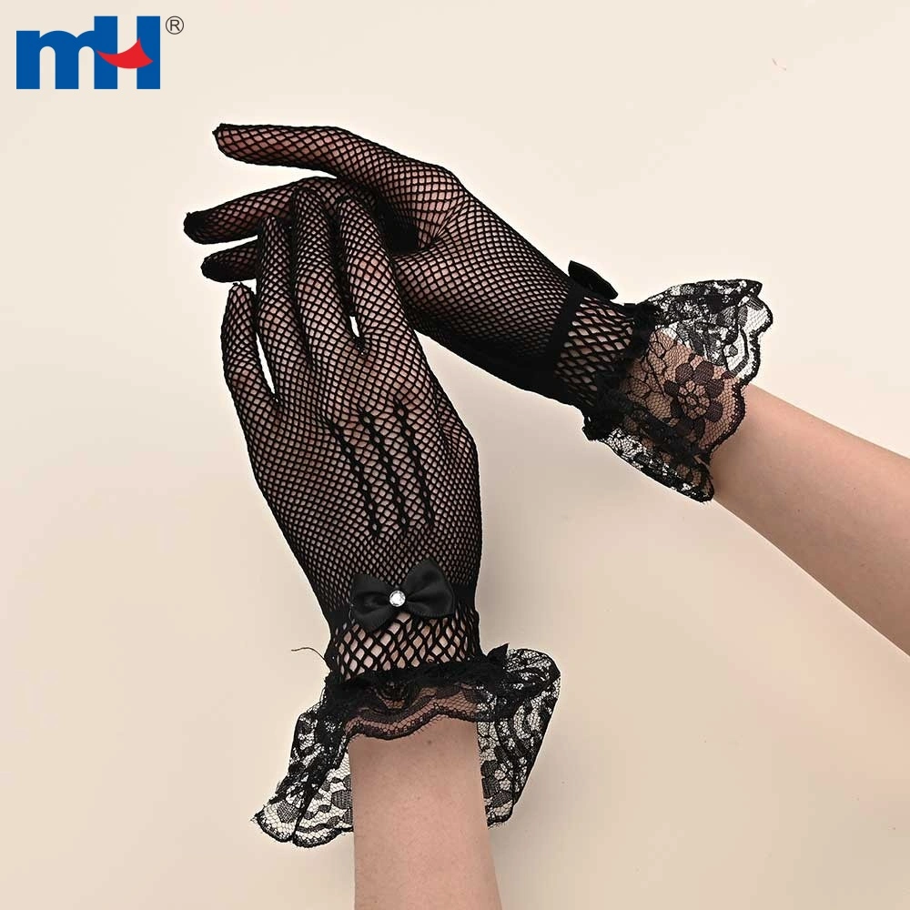 Black Sheer Evening Gloves with Satin Bow and Lace Ruffle Wrist Cuffs