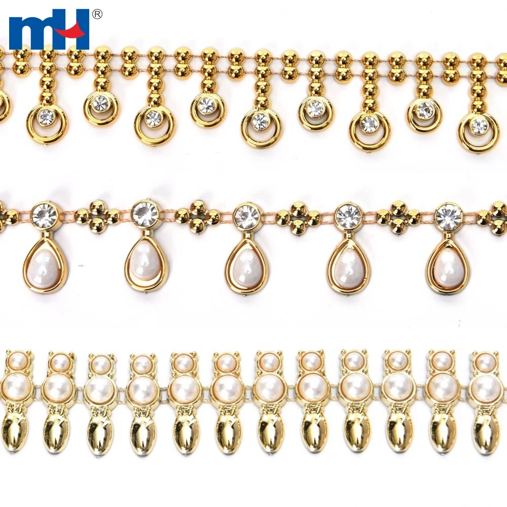 20mm Sew on/Iron on Edging Pearl Beaded Teardrop Rhinestone Fringe Trim ...