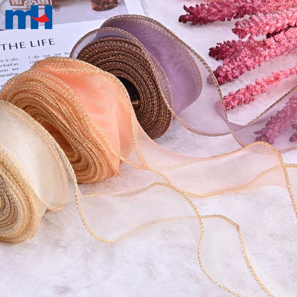 Gold Pearl Edge Fishtail Yarn Wave Sheer Ribbon for Gift Box Bow Decoration