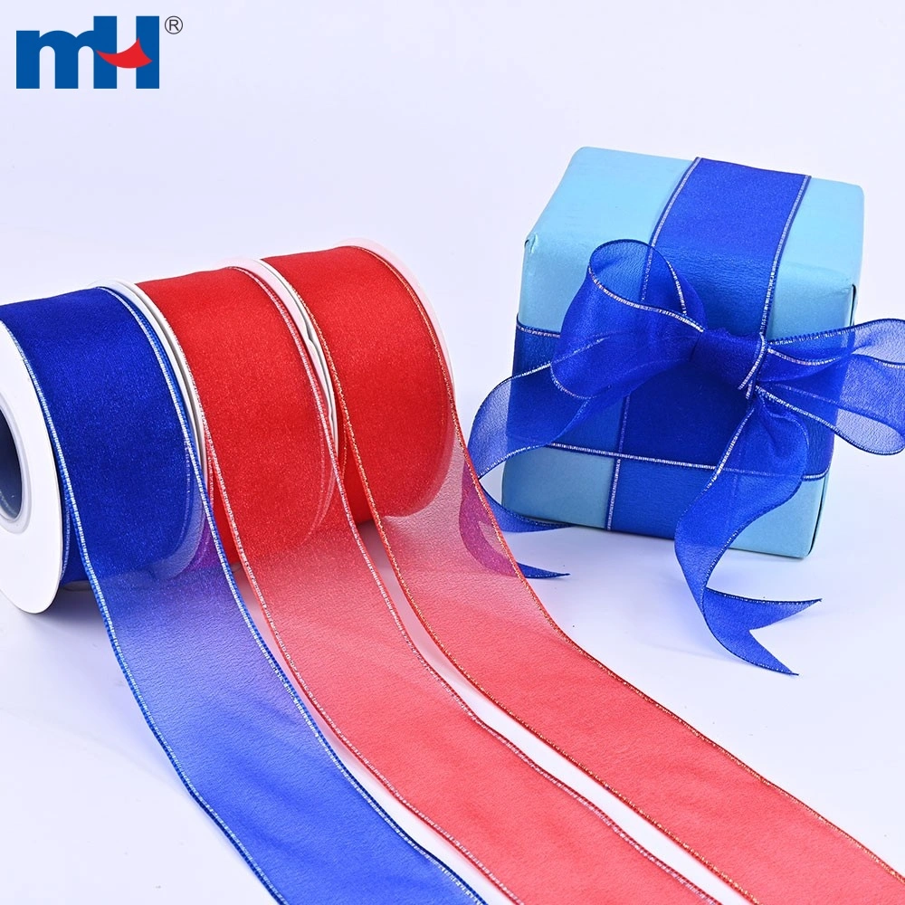 MH China Factory Direct Polyester Sheer Ribbon Metallic Edged