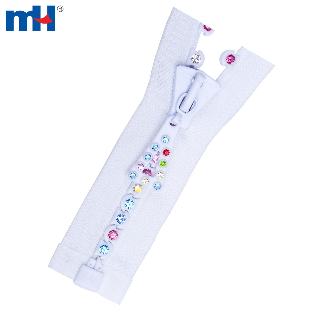 #8 White Zipper Tape with Multi-color Rhinestone Zipper