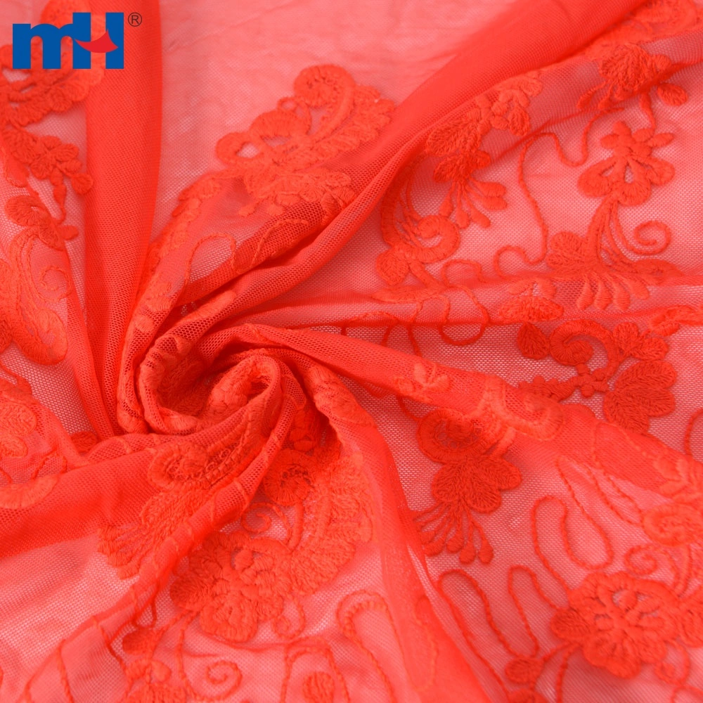 Scalloped Red Wedding Embroidery Net Lace Fabric
