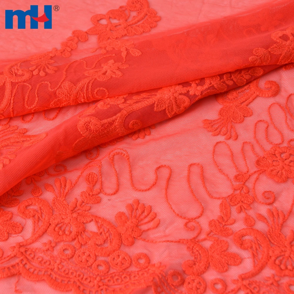Scalloped Red Wedding Embroidery Net Lace Fabric