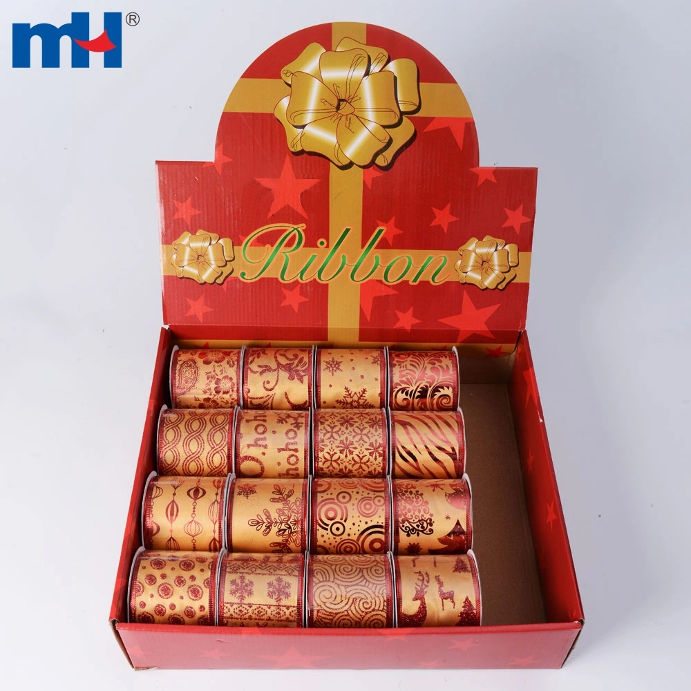 63mm Wired Edge Red Satin Christmas Ribbon with Gold Glitter