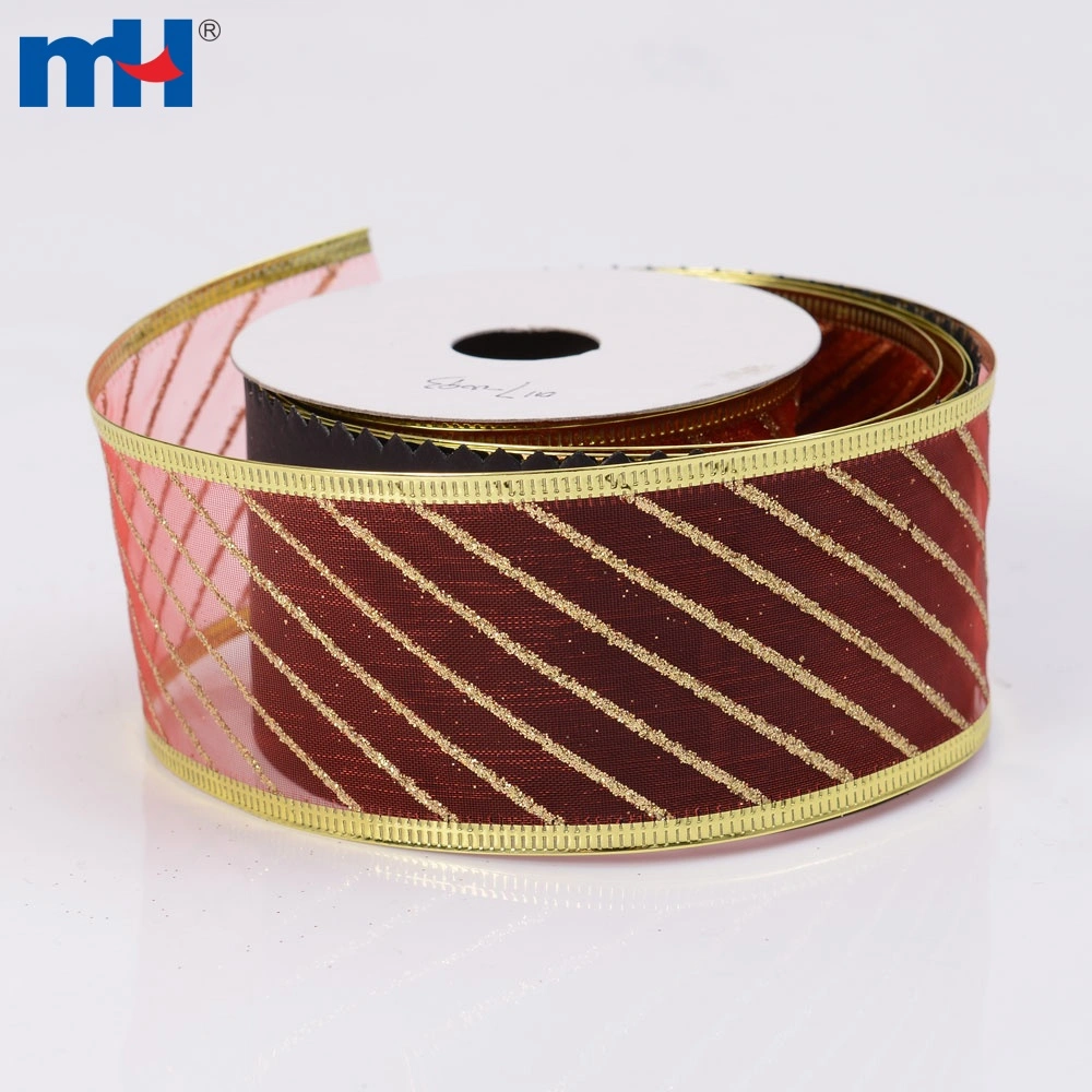 Diagonal Striped Gold Organza Wired Glitter Christmas Ribbon