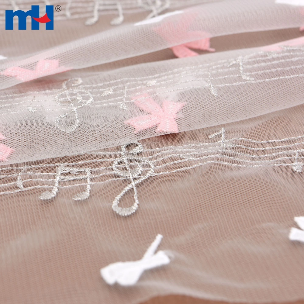 Silver Musical Notes Embroidered Tulle Mesh Lace Fabric