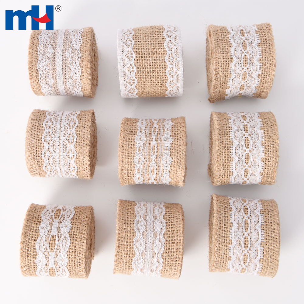 40mm Jute Burlap Ribbon with White Lace Roll