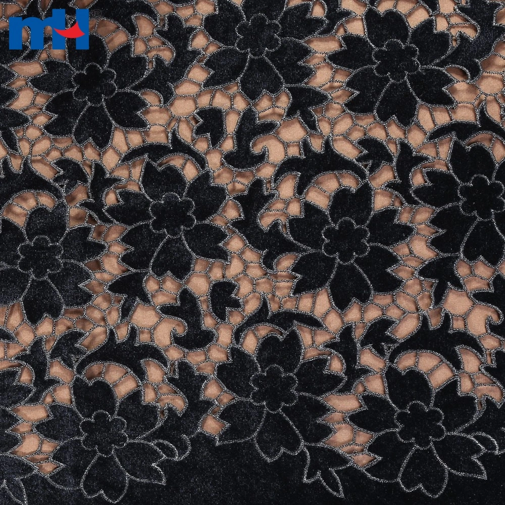Laser Cut Embroidery Black Silver Velvet Fabric